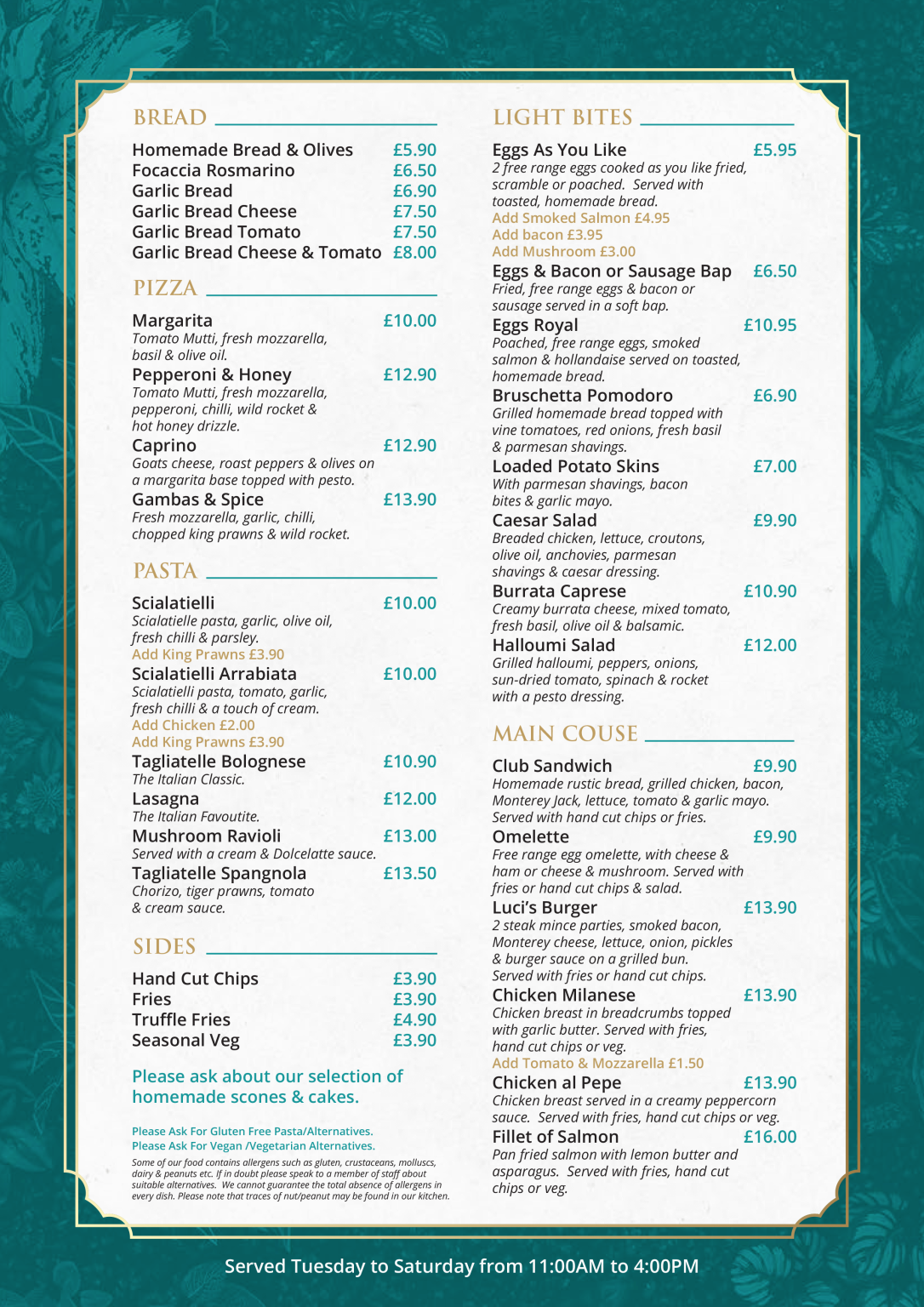 Lunch Menu – Luci's Cleadon Bar & Bistro